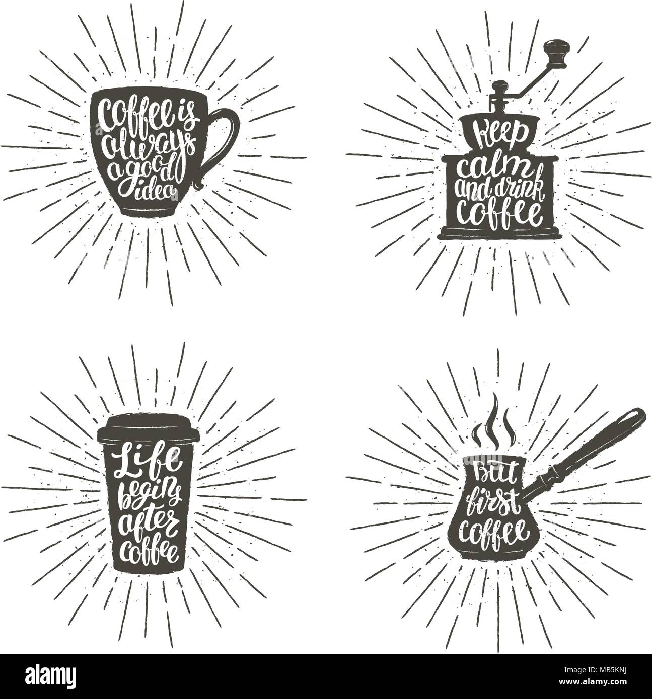 Coffee lettering in cup, grinder, pot shapes on sunburst background ...