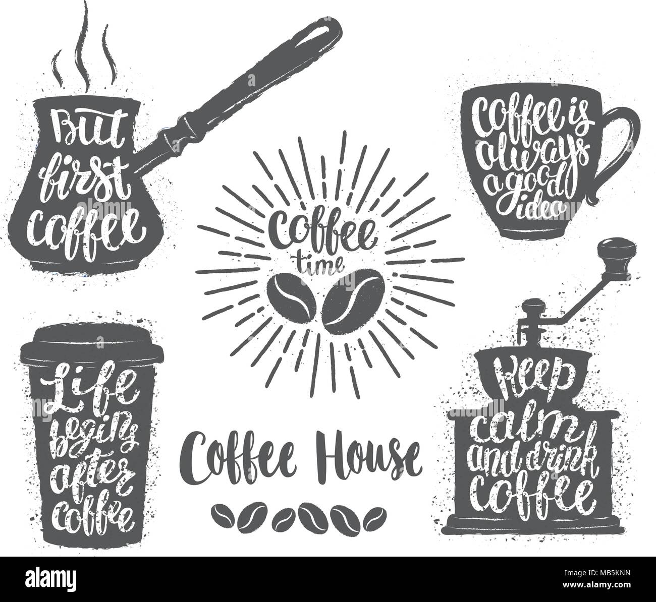 Coffee lettering in cup, grinder, pot shapes. Modern calligraphy quotes ...