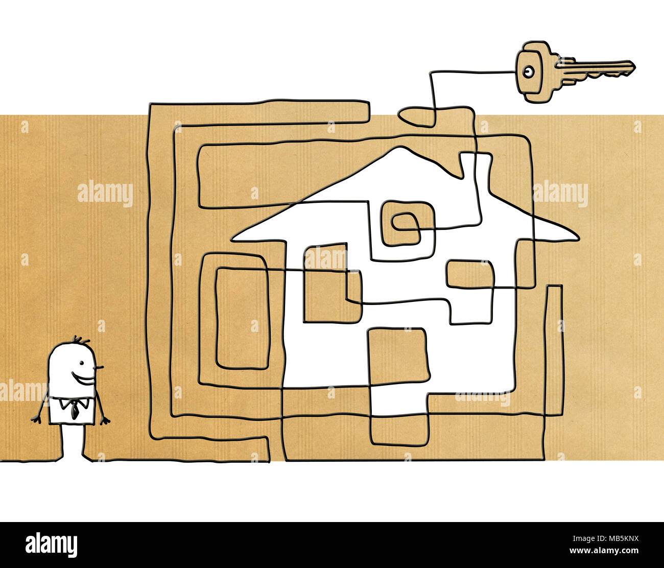Cartoon man with house maze and key Stock Photo - Alamy