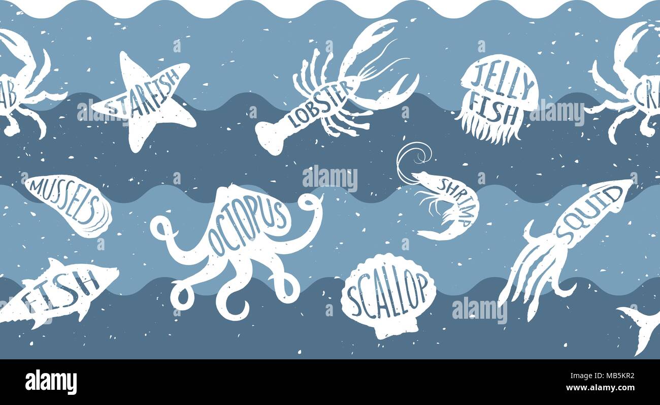 Horizontal repeating pattern with seafood products. Seafood seamless ...