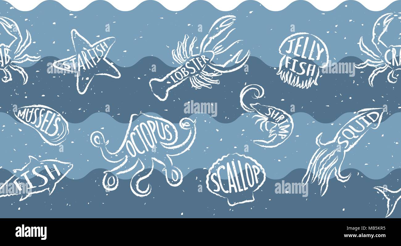 Horizontal repeating pattern with seafood products. Seafood seamless ...