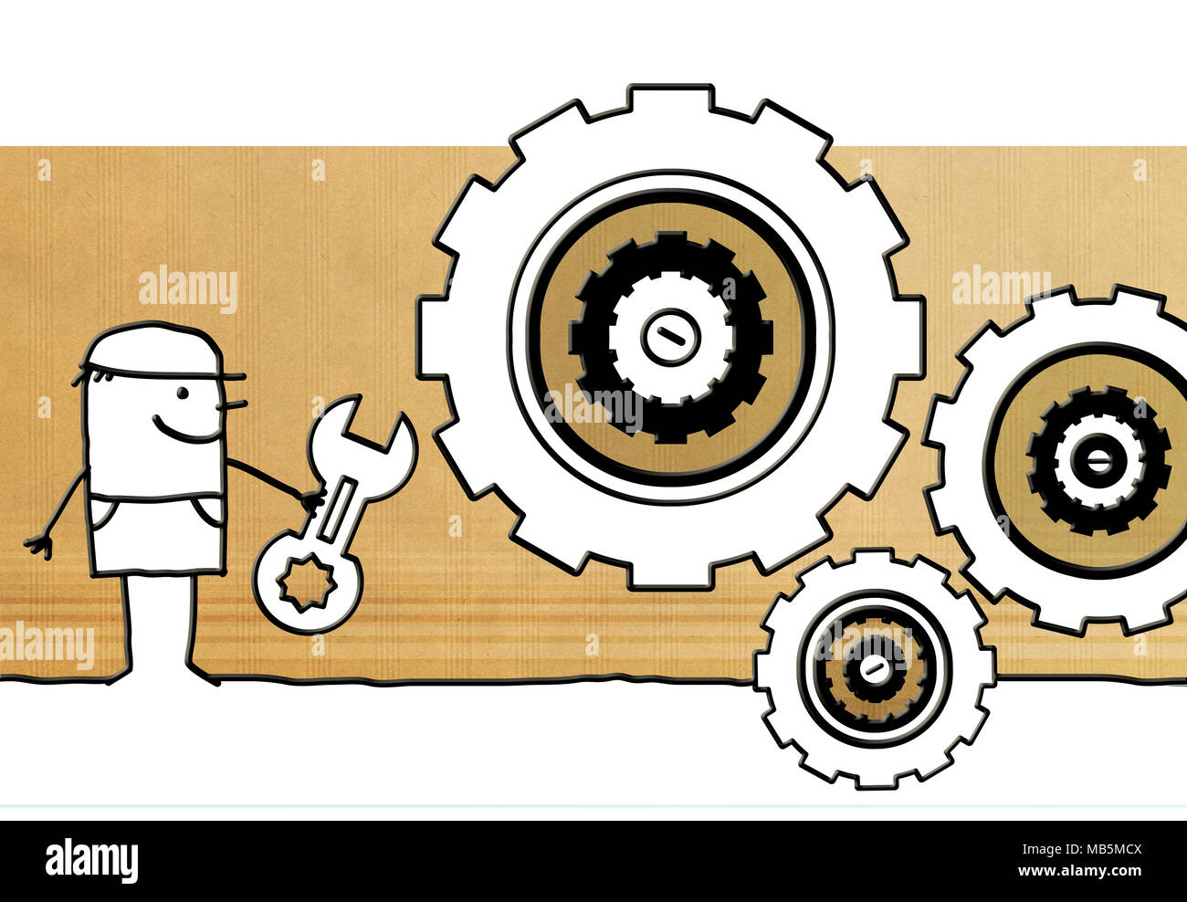 Hand drawn cartoon characters worker and gears hi-res stock photography ...