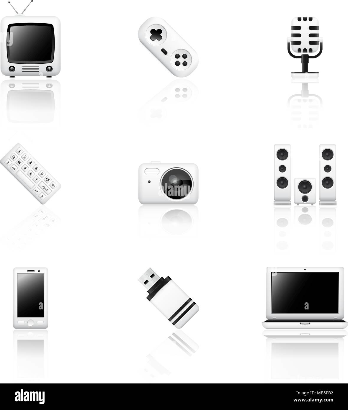 Electronics icons with reflection isolated on white background Stock ...
