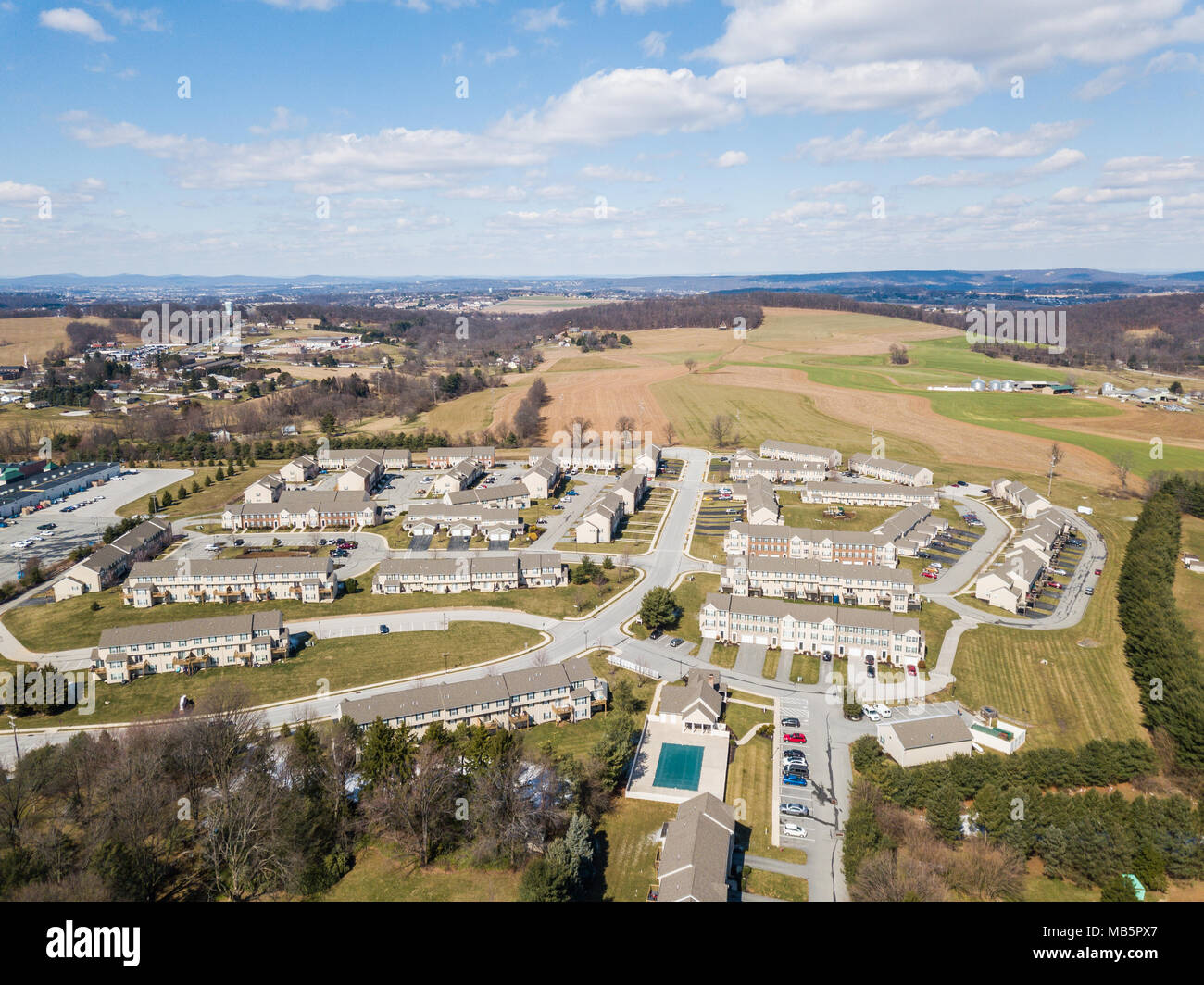 Aerial of Homes and Farmland in Red Lion, Pennsylvania in York County ...