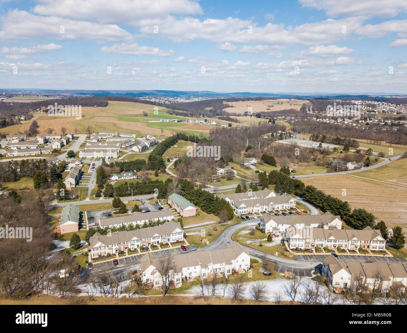 Aerial of Homes and Farmland in Red Lion, Pennsylvania in York County ...