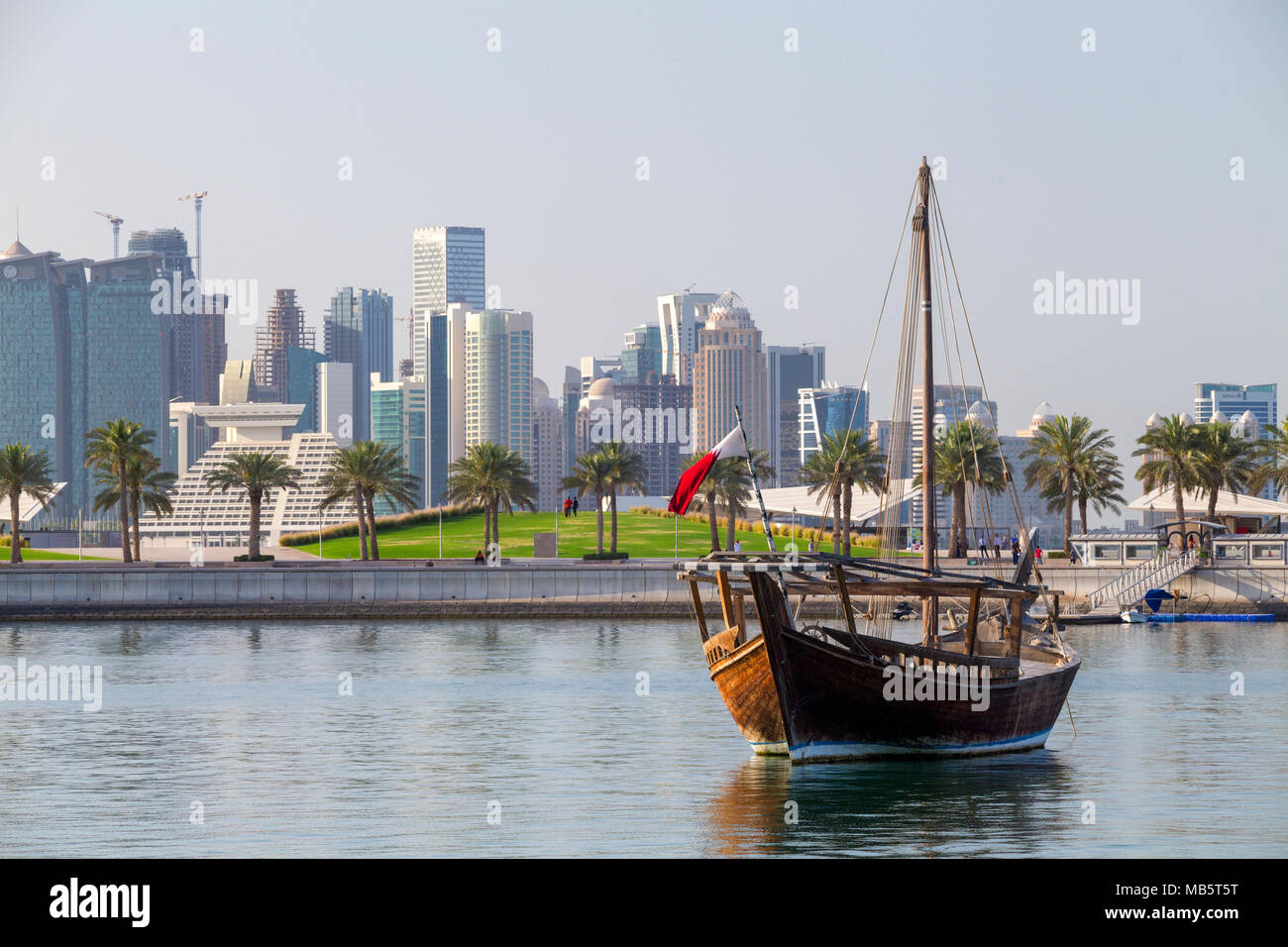 DOHA, QATAR - April 7, 2018: A traditional sailing dhow, complete with ...