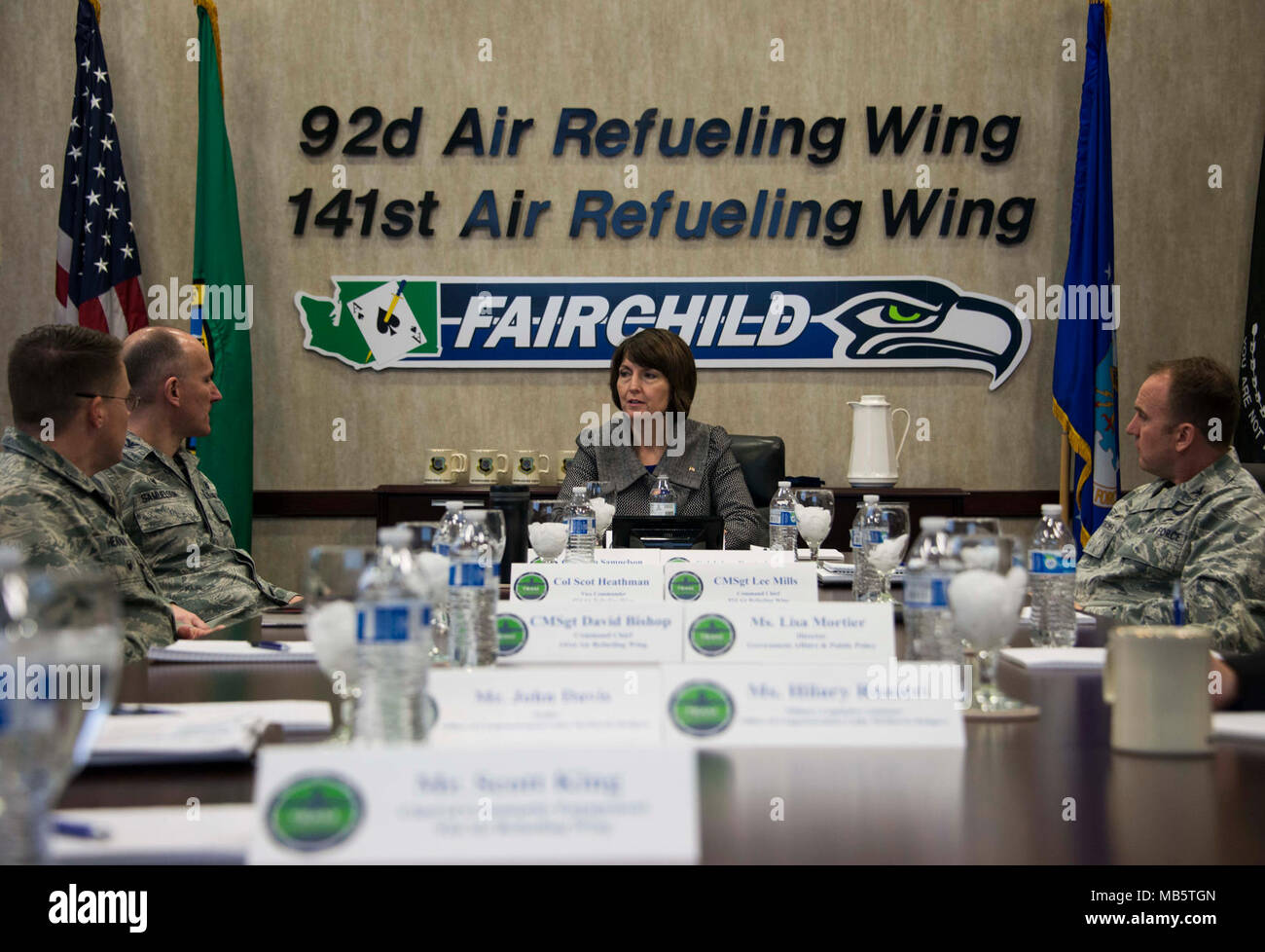 U.S. Rep. Cathy McMorris Rodgers speaks with base leaders during her ...