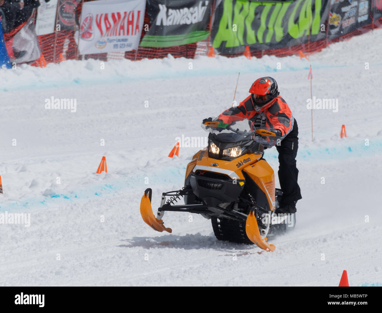 Quebec, Canada 4/7/2018 Snowmobile uphill drag race held on the slopes ...
