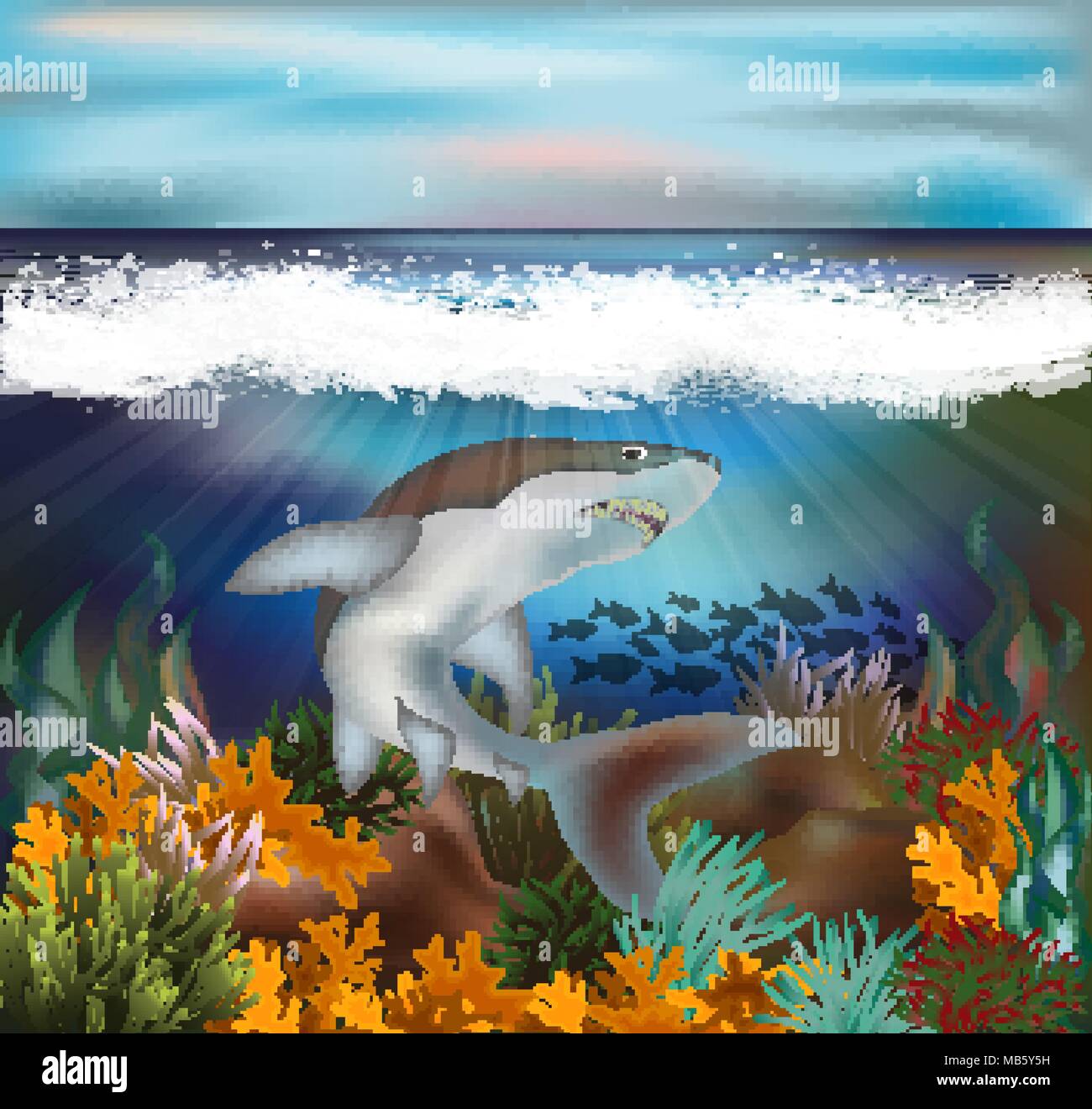 Underwater tropical background with Sharks, vector illustration Stock ...