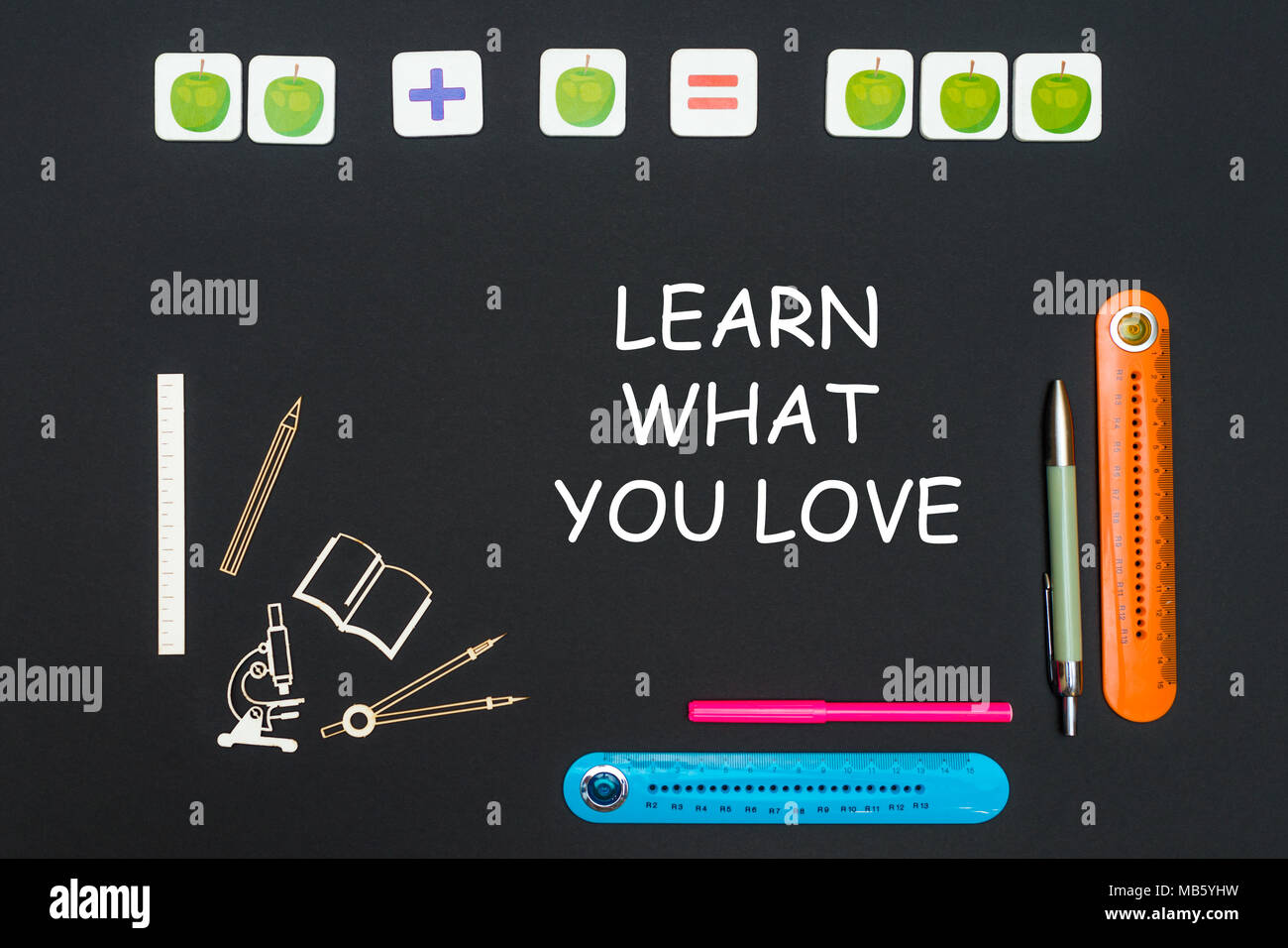 concept back to school, above stationery supplies and text learn what ...