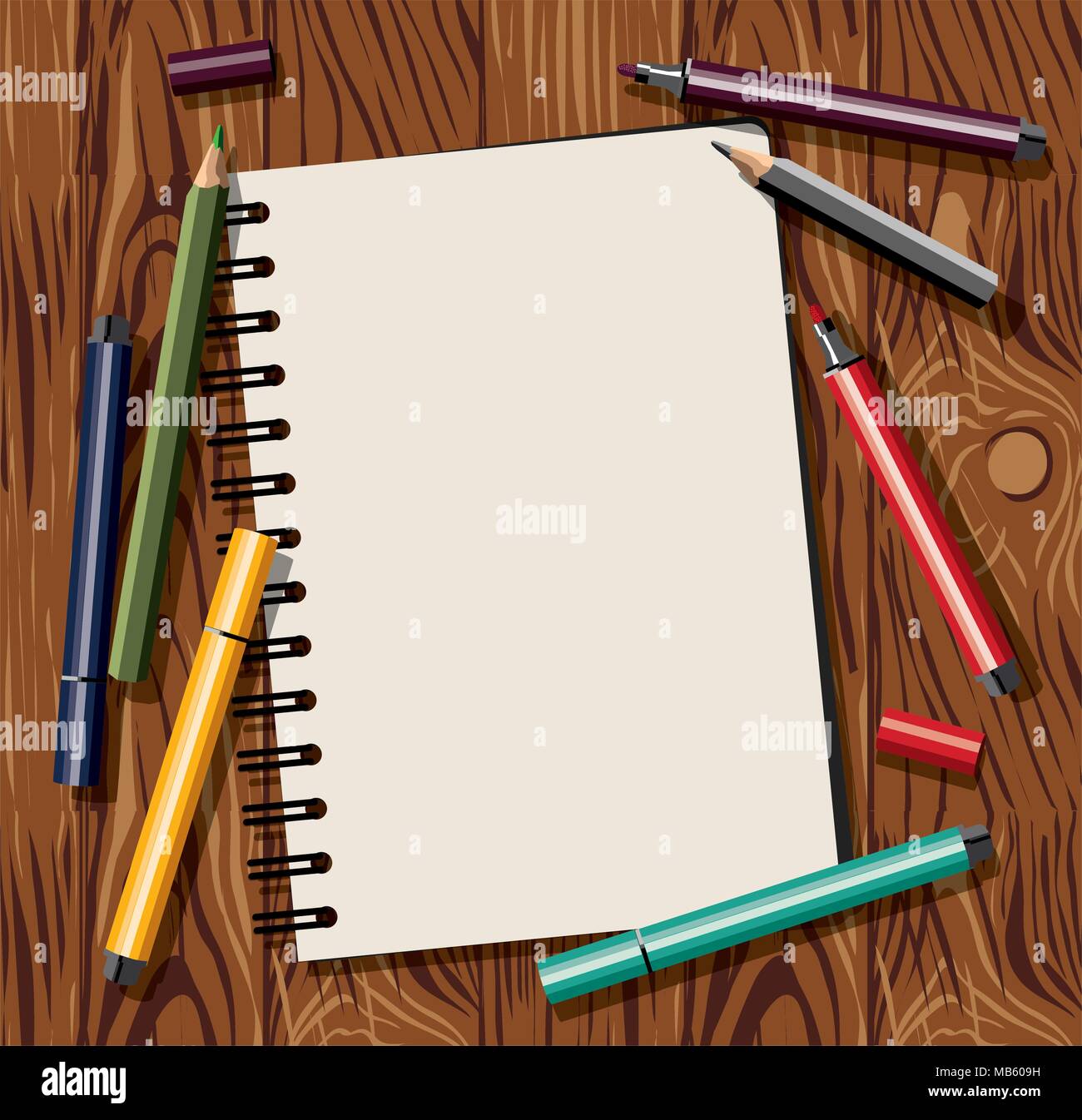 Artist table objects top view empty place paper and felt pen Stock ...