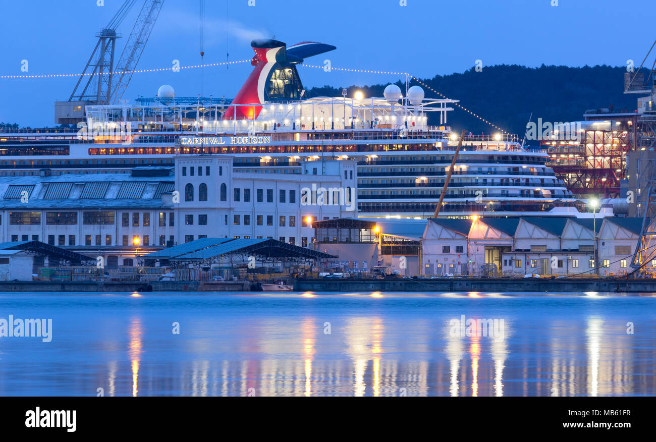 MONFALCONE, Italy - March 27, 2018: Carnival Horizon giant cruise ship ...