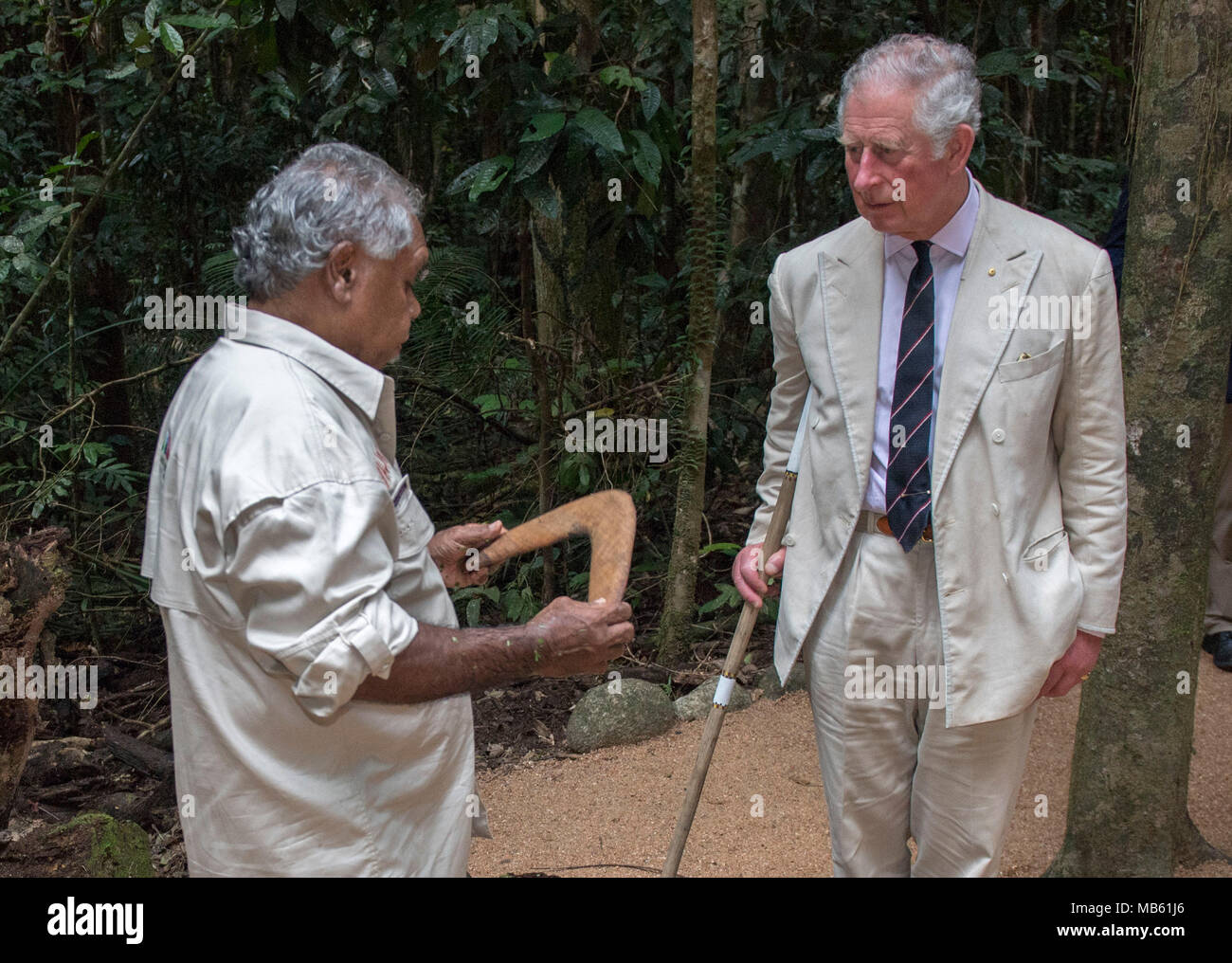Roy Gibson an elder of the Kuku Yalanji tribe shows the Prince of Wales ...