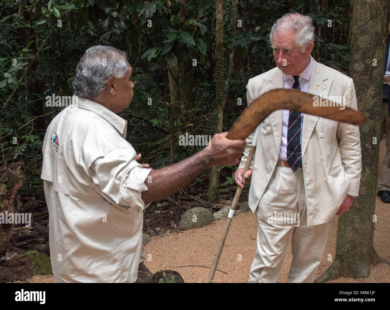 Roy Gibson an elder of the Kuku Yalanji tribe shows the Prince of Wales ...