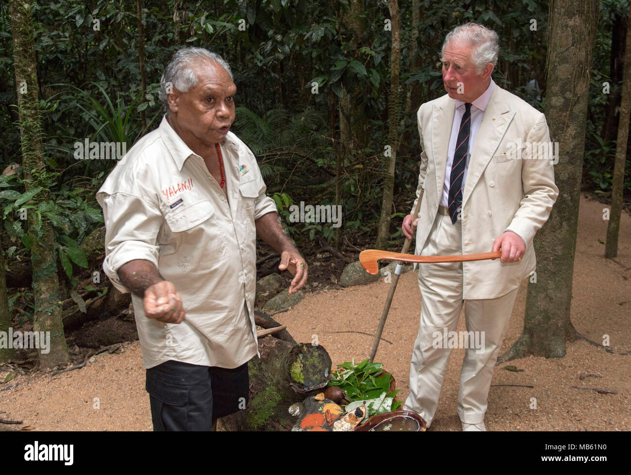 Roy Gibson an elder of the Kuku Yalanji tribe shows the Prince of Wales ...