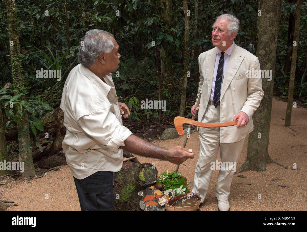 Roy Gibson an elder of the Kuku Yalanji tribe shows the Prince of Wales ...