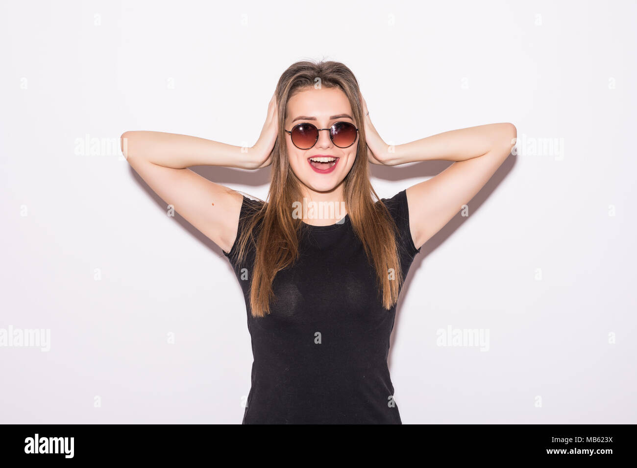 Emotional colorful funny pretty girl with fun sunglasses and comic ...