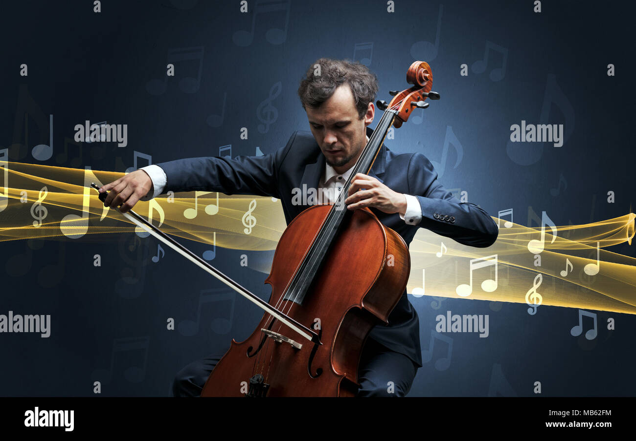 Young male musician playing on his cello with musical notes around ...