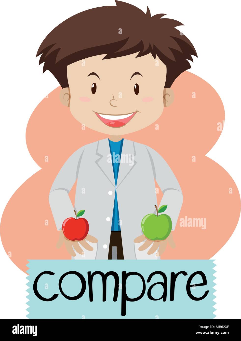 Wordcard for compare with boy holding apples illustration Stock Vector ...