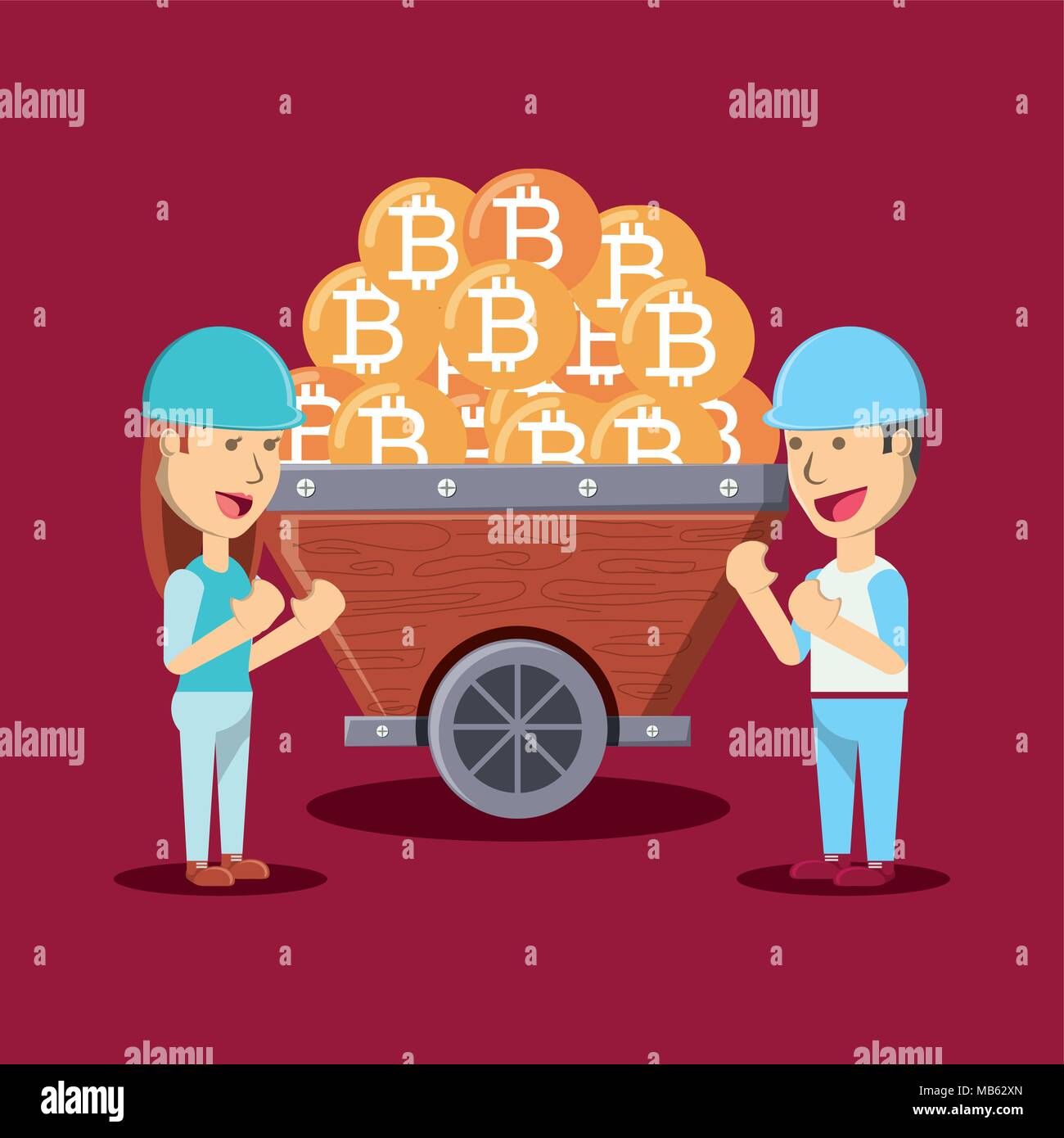 cartoon man and woman with mining cart with bitcoins over red ...