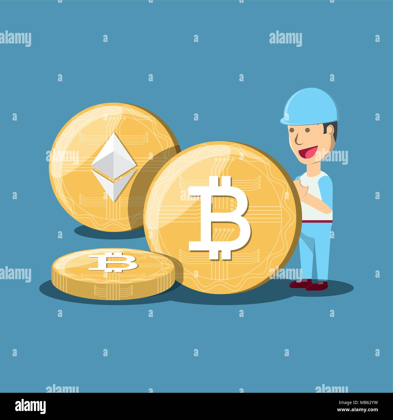 Mining cryptocurrency design with cryptocurrency coins and cartoon man ...