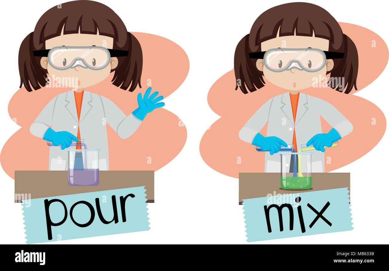 Words pour and mix with girl doing experiment illustration Stock Vector ...