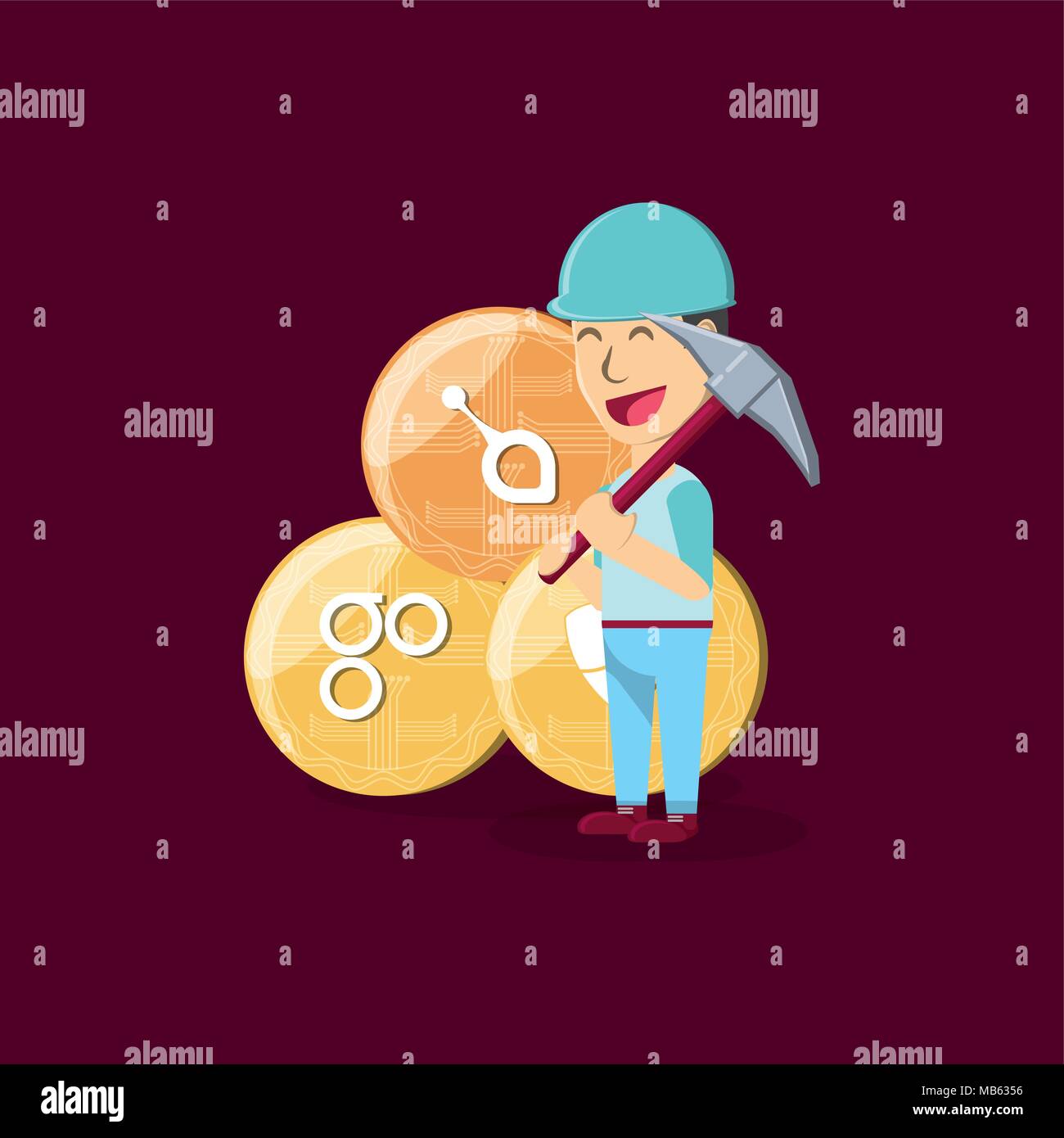 Mining cryptocurrency design with cartoon man and cryptocurrency coins ...