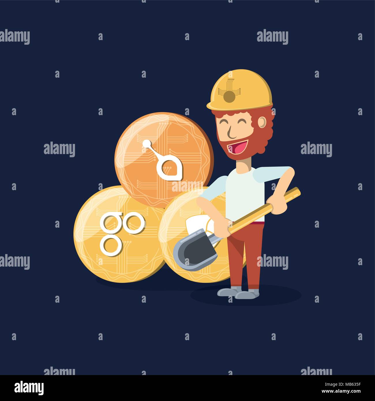 Mining cryptocurrency design with cartoon man and cryptocurrency coins ...