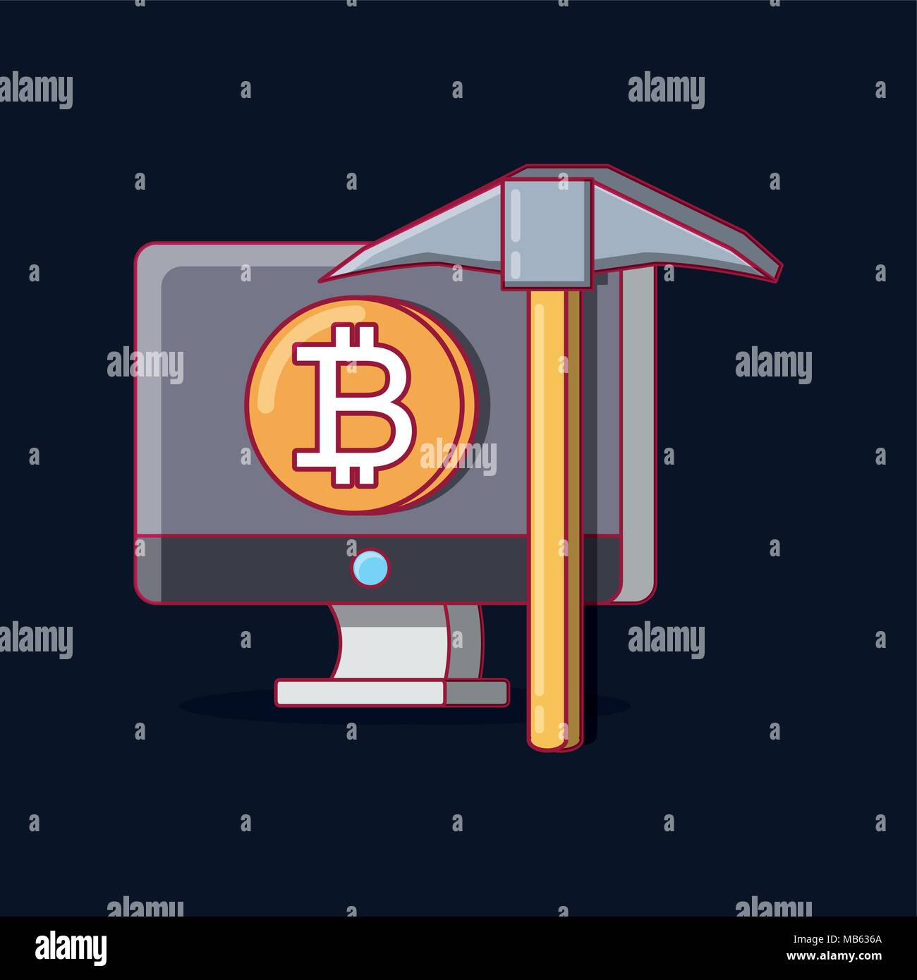 Computer with bitcoin coin and pica tool over black background ...