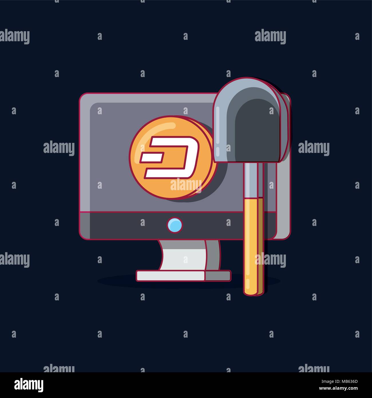 Computer with dash coin and shovel over black background, colorful ...