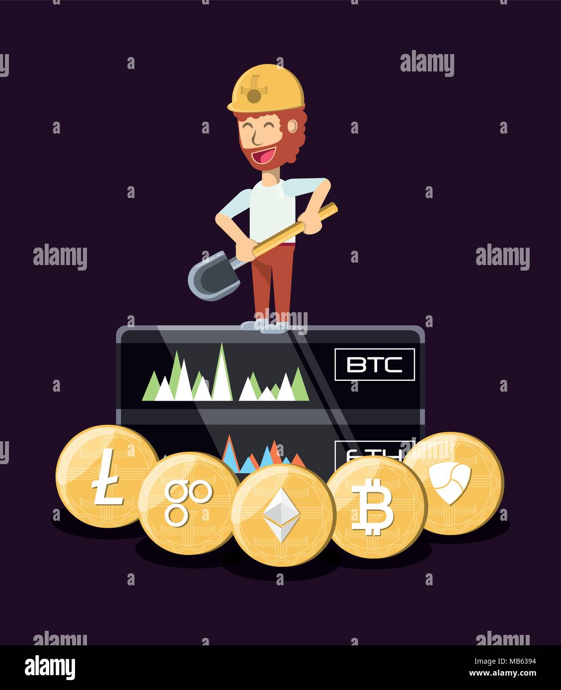 Mining cryptocurrency design with cartoon man on with Cryptocurrency ...