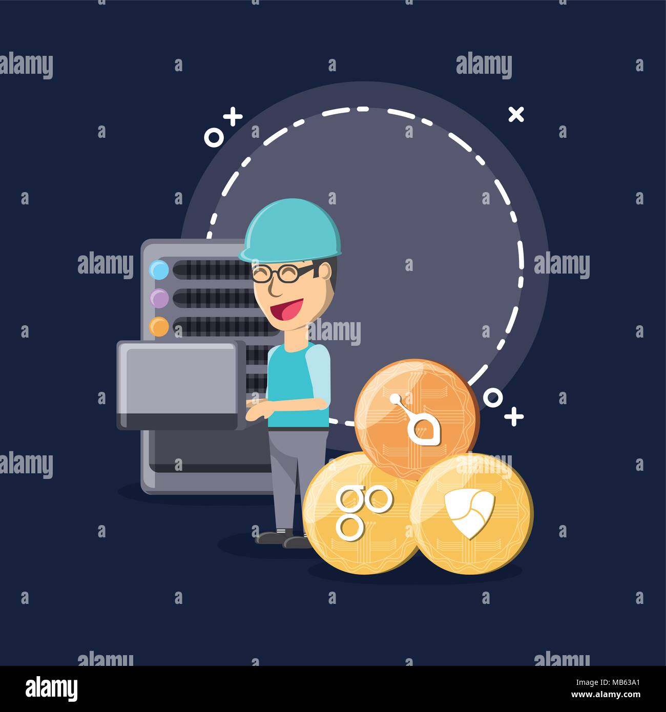 Mining cryptocurrency design with cartoon man holding a laptop computer ...