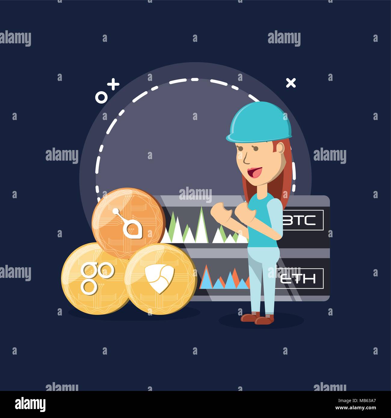 cryptocurrency mining design with cartoon woman and cryptocurrency ...