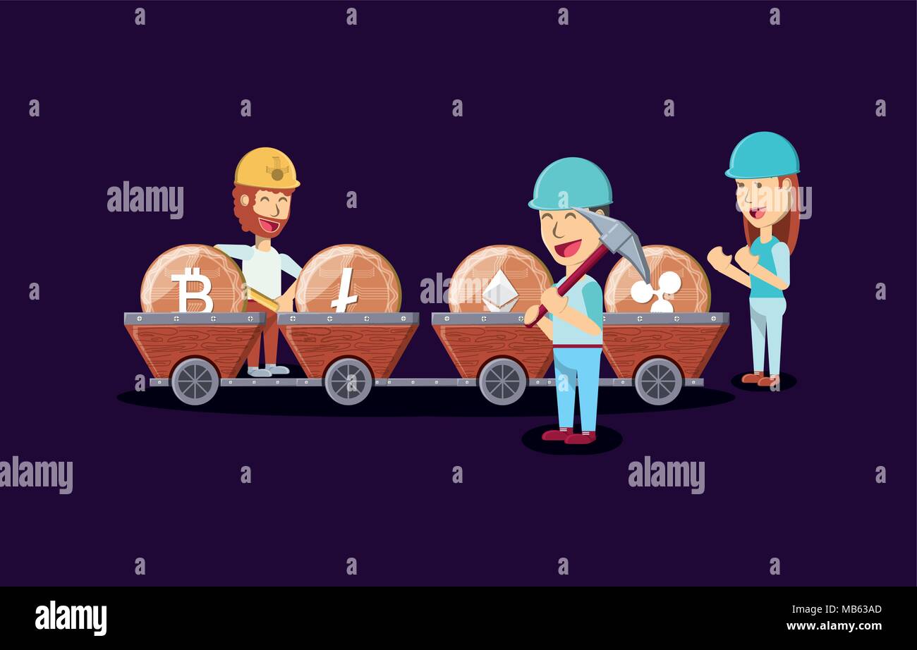 cartoon people with mining carts with cryptocurrency coins over black ...