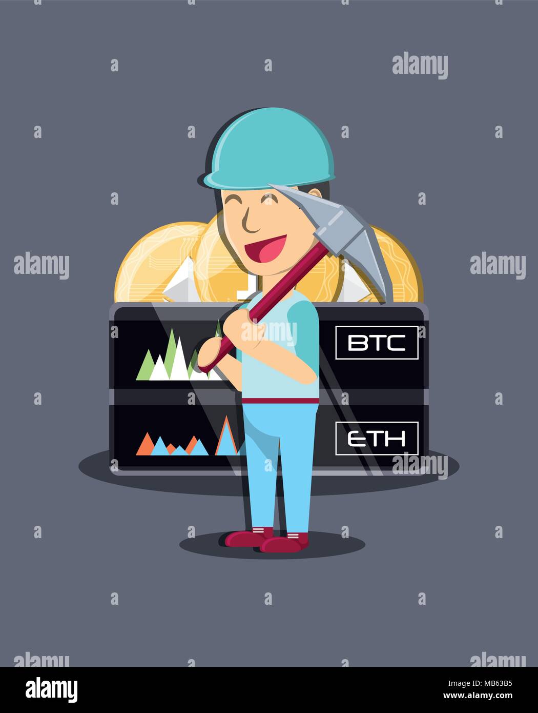 mining cryptocoins design with cartoon man holding a pica tool over ...
