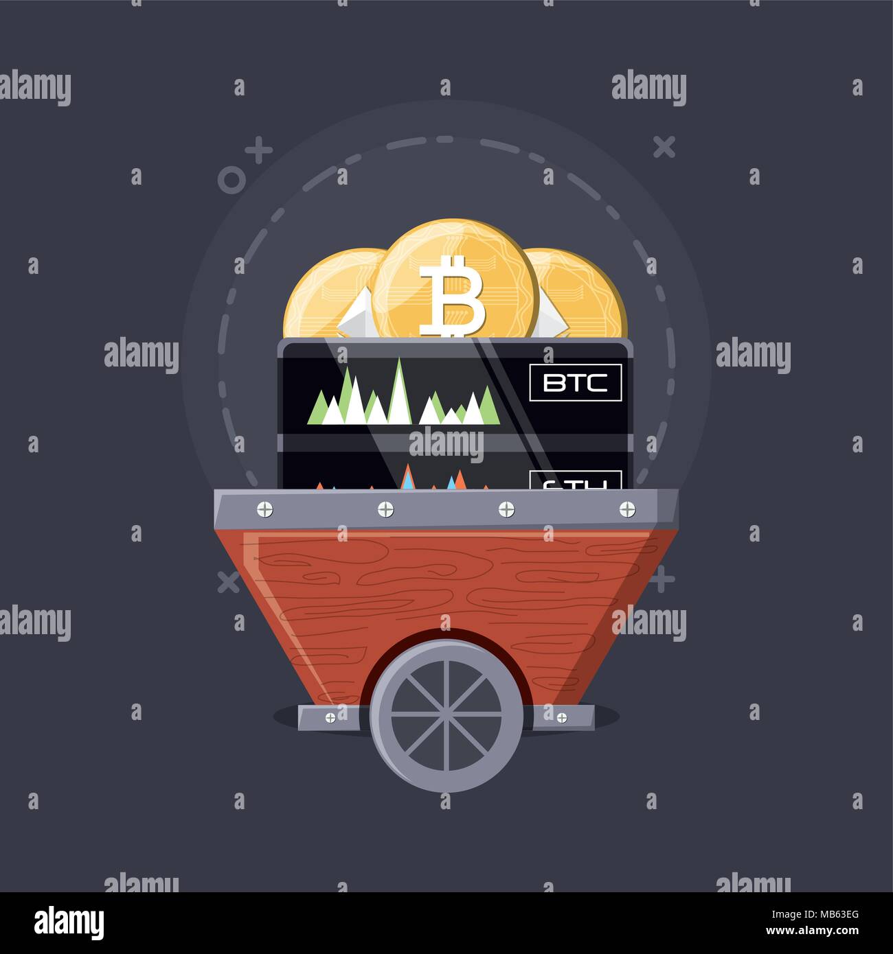 Mining cryptocurrency design with mining cart with bitcoin coins over ...