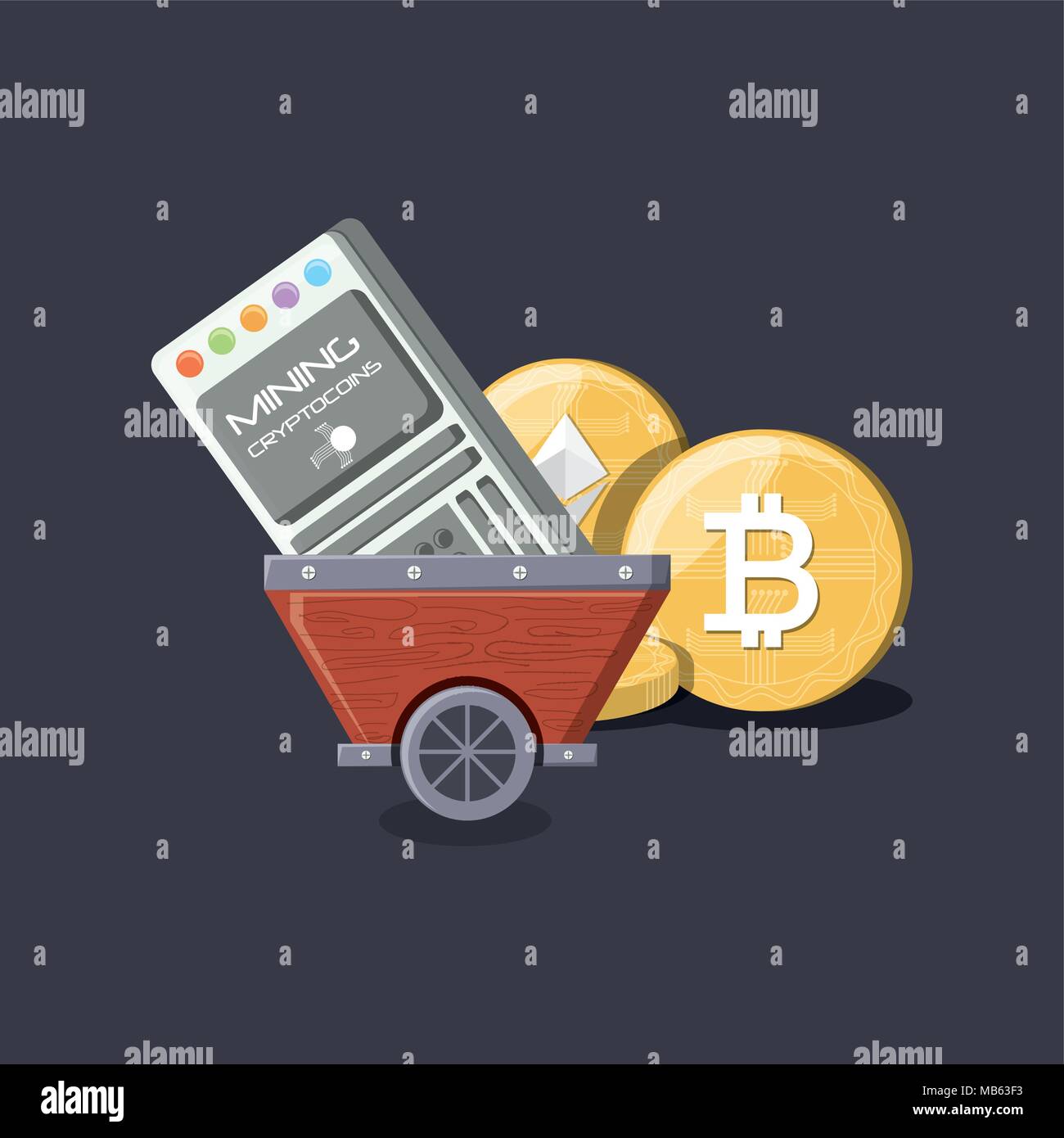 Mining cryptocoins design with mining cart with bitcoin coins over ...
