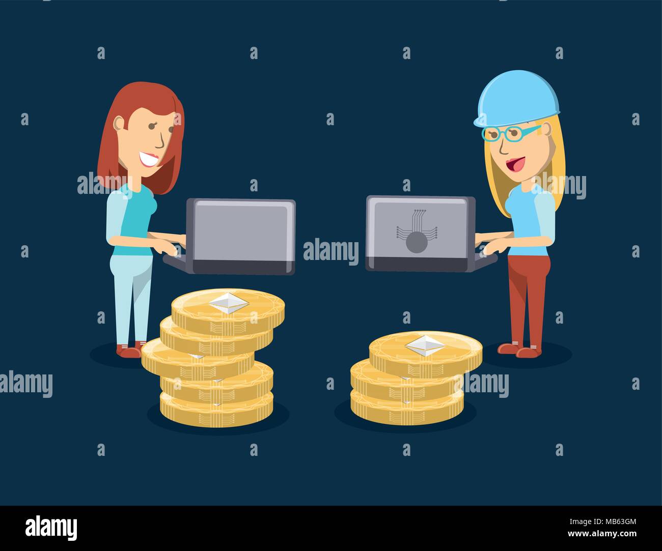 cartoon women with laptop computers and cryptocoins over blue ...