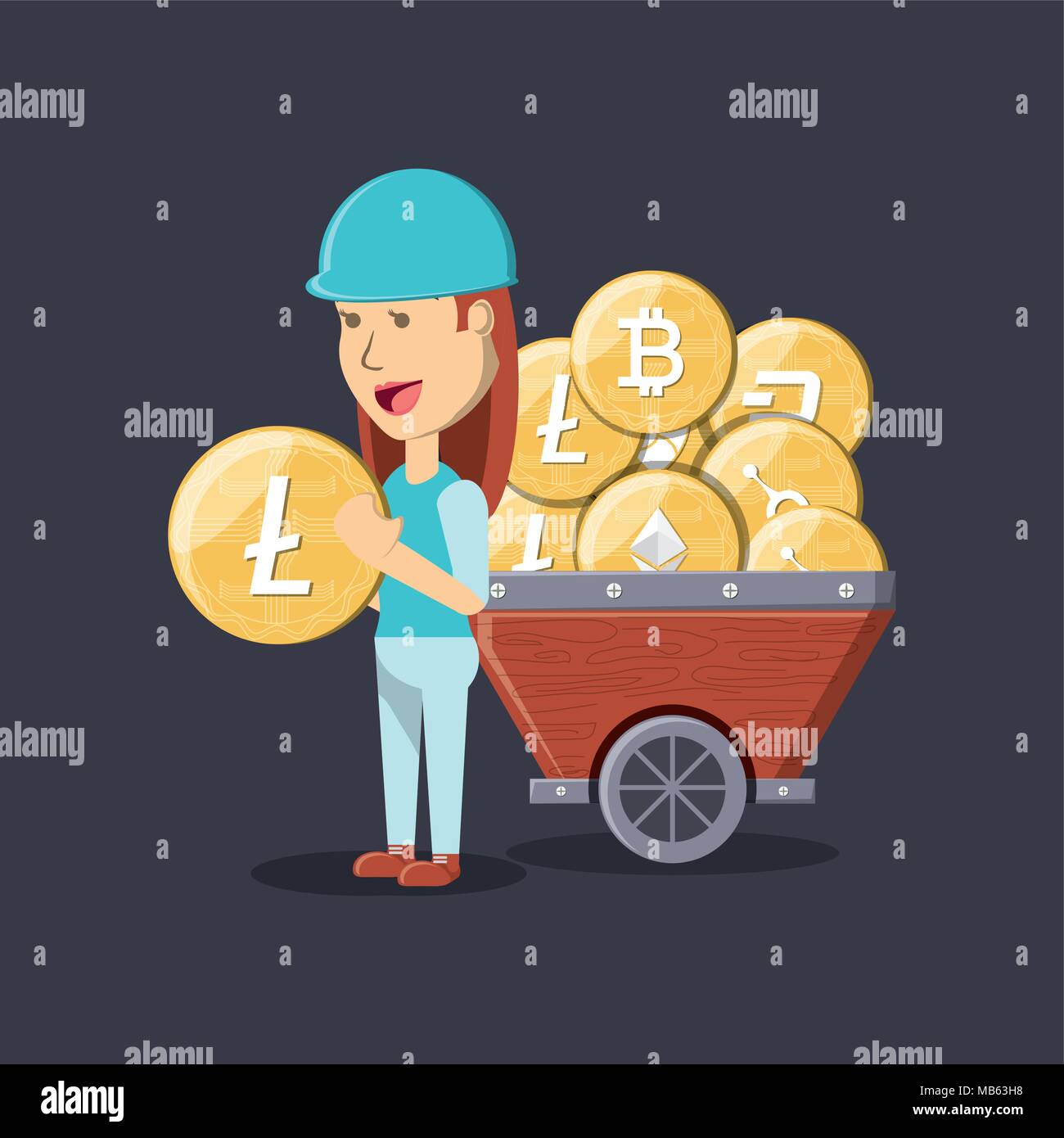 mining cart with cryptocoins and cartoon woman standing over black ...