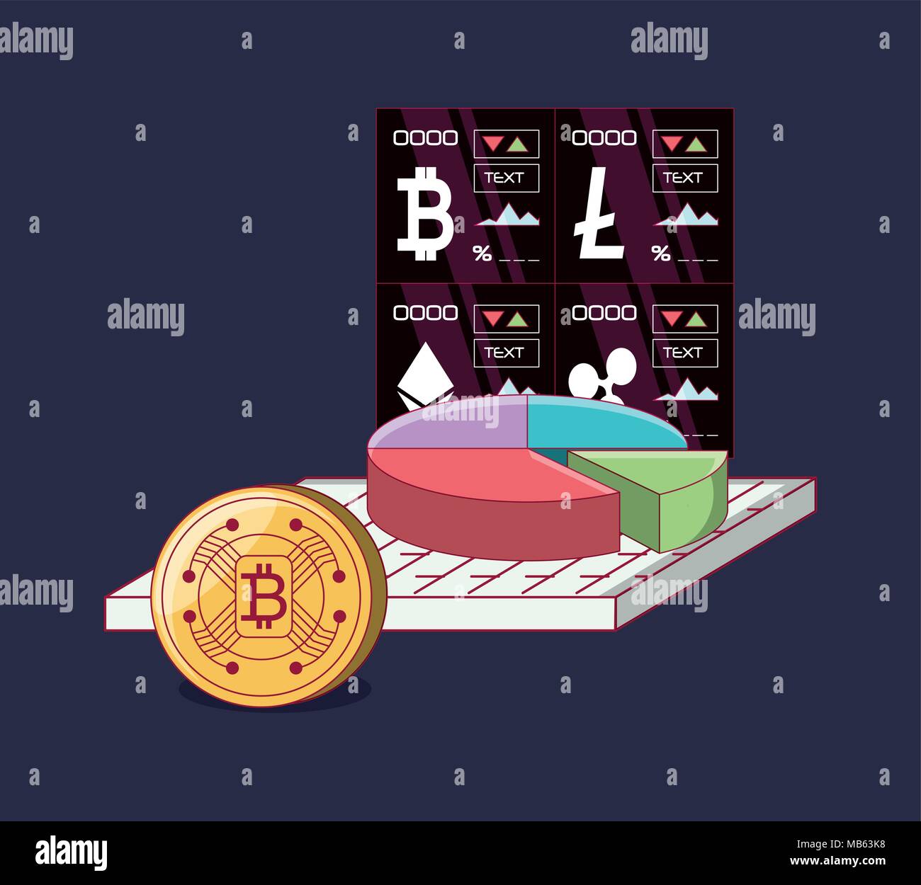 stock market and pie chart with cryptocoin over blue background ...