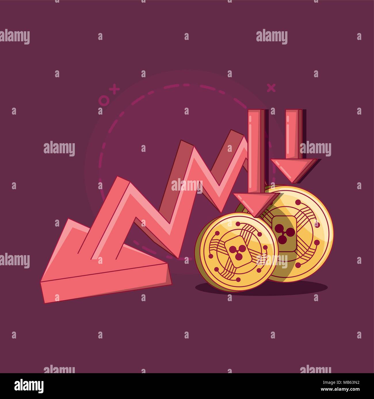 red financial arrow and cryptocoins over red background, colorful ...