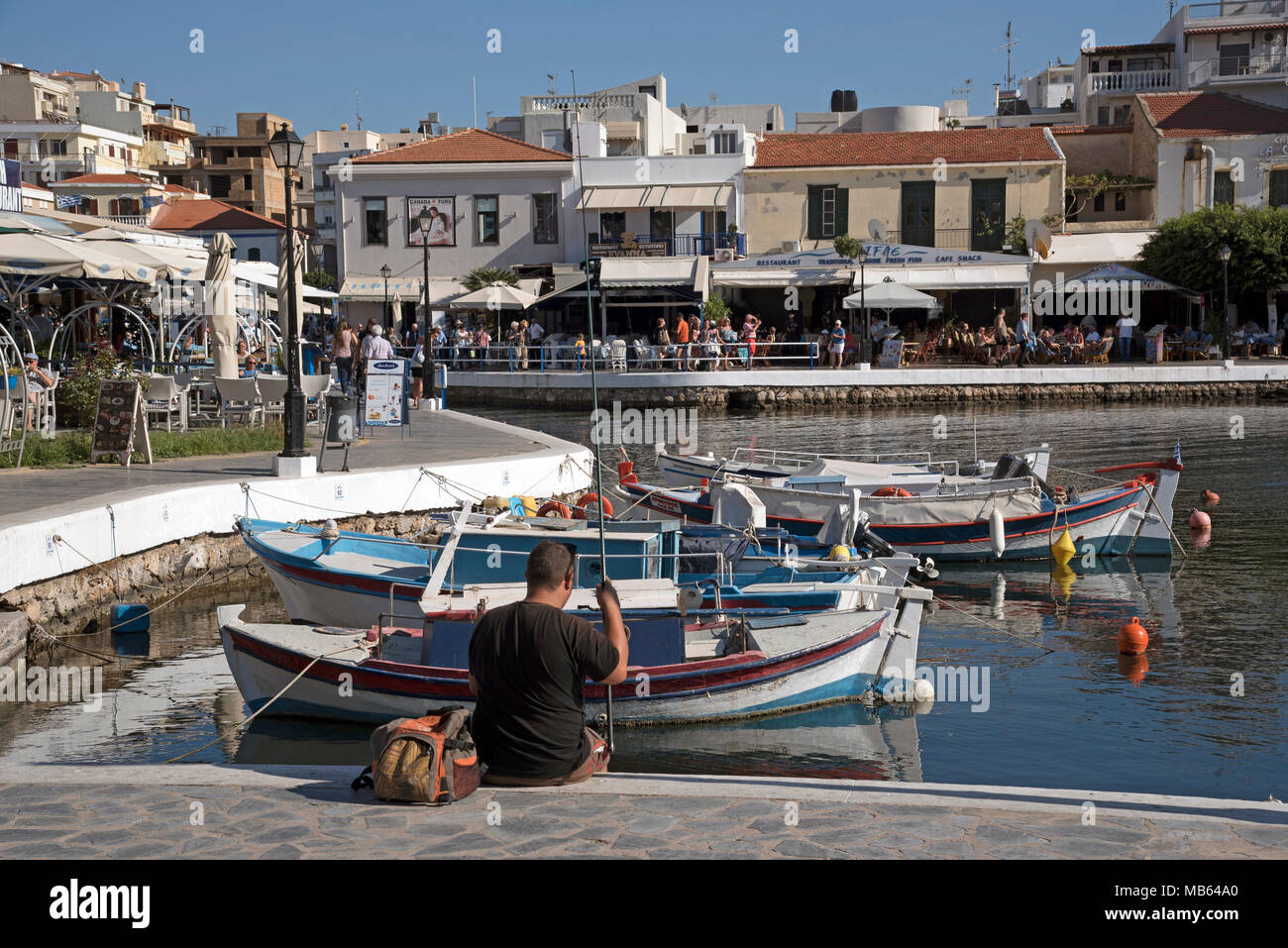 Agios Nicolaos, Crete, Greece. 2017. Boats and eating places on the ...