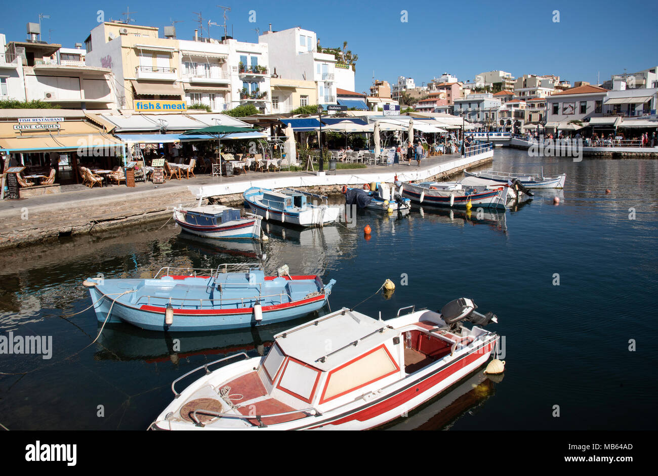 Agios Nicolaos, Crete, Greece. 2017. Boats and eating places on the ...