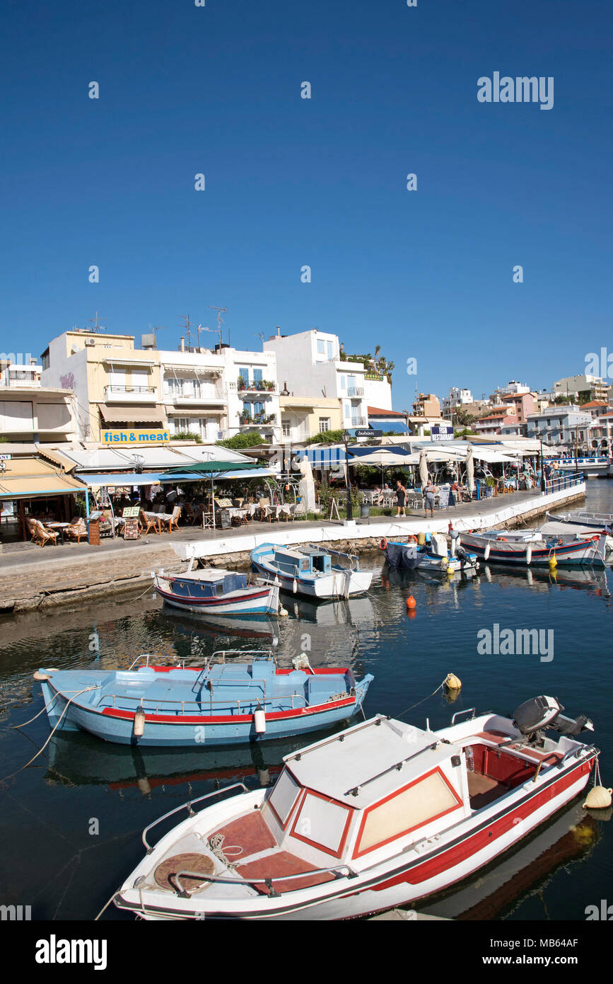 Agios Nicolaos, Crete, Greece. 2017. Boats and eating places on the ...