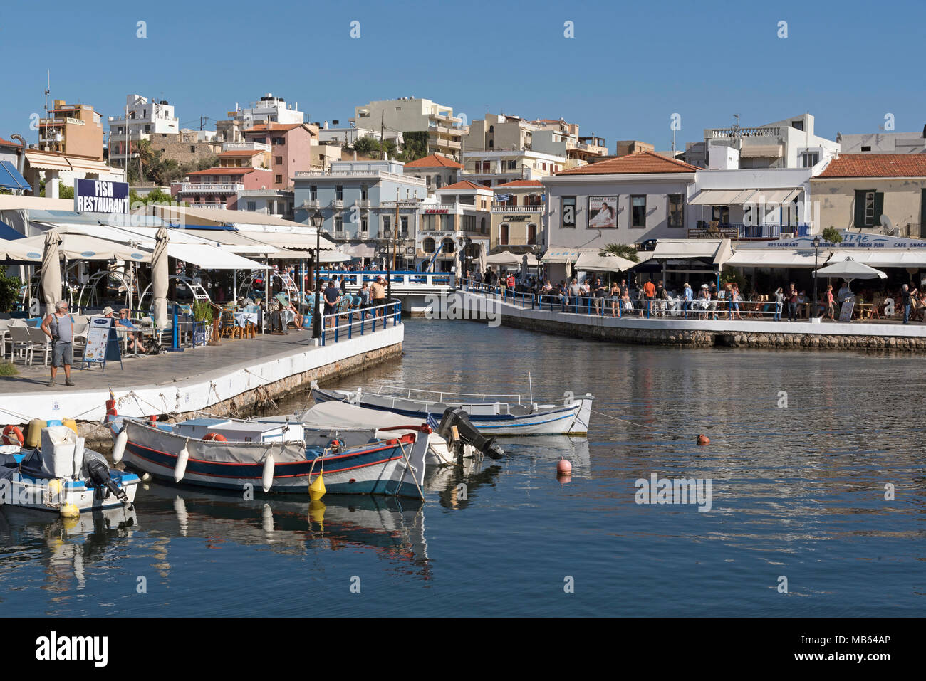 Agios Nicolaos, Crete, Greece. 2017. Boats and eating places on the ...