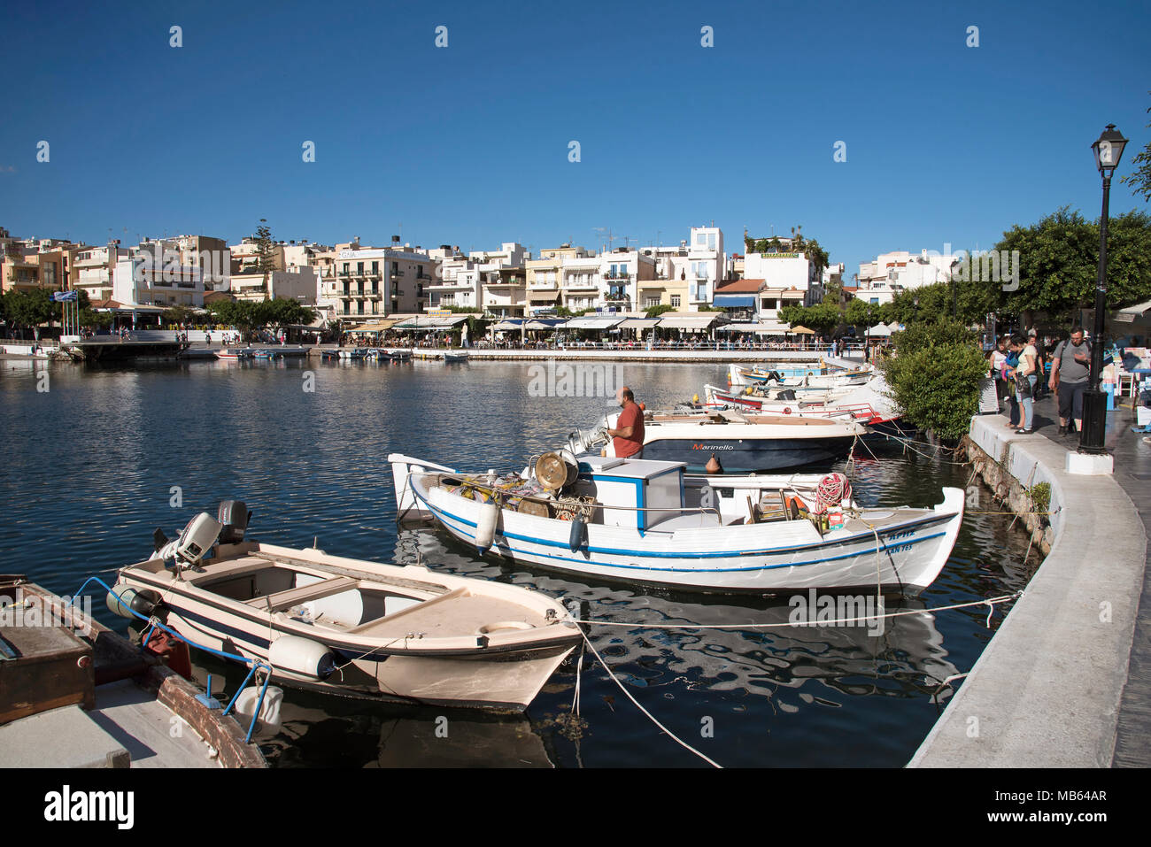 Agios Nicolaos, Crete, Greece. 2017. Boats and eating places on the ...