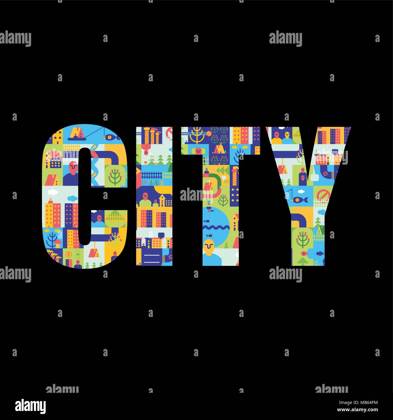 City lettering. Letters from map of town. Streets and houses. Buildings ...