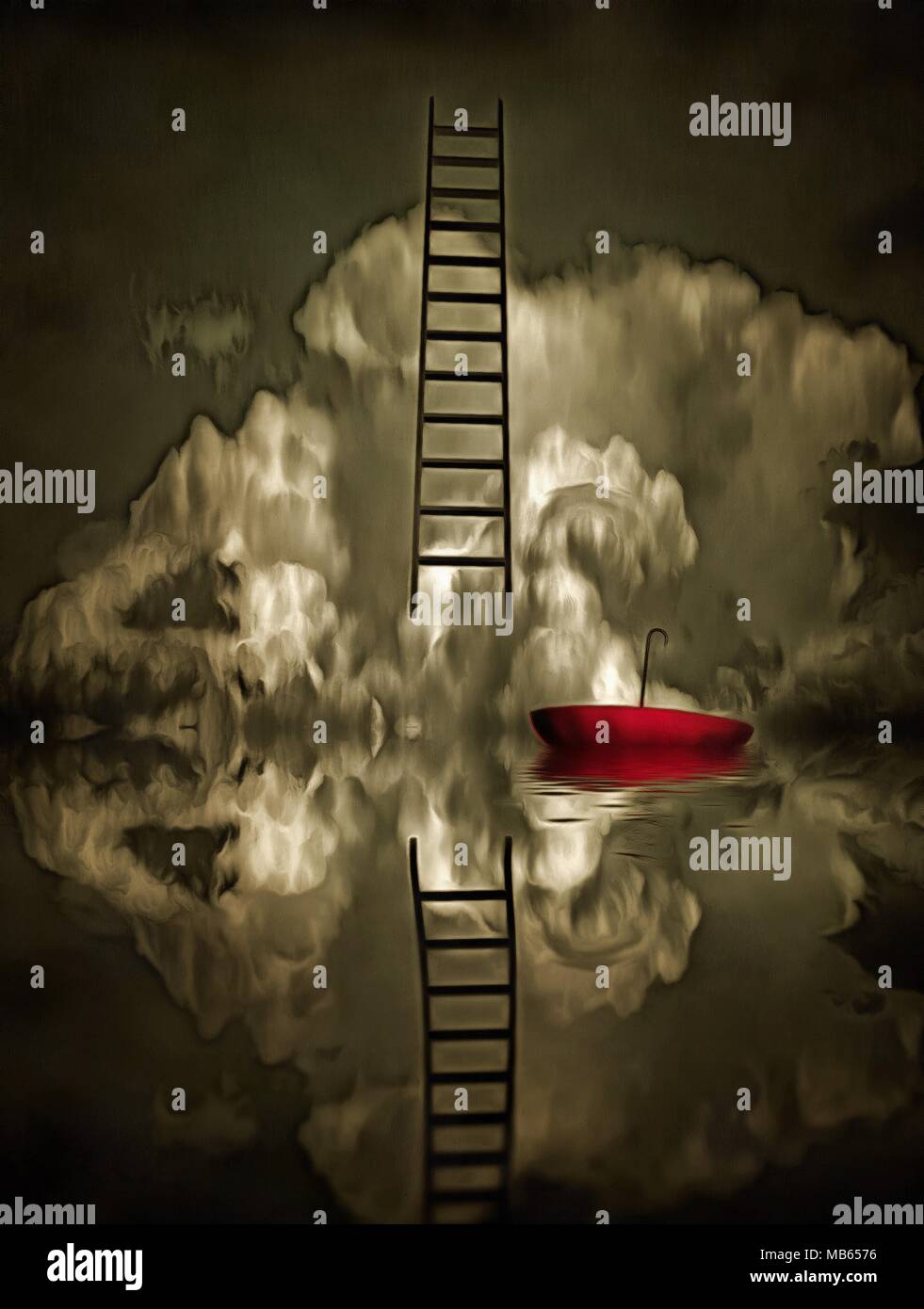 Surreal painting. Red umbrella floats in the water. Ladder Stock Photo ...