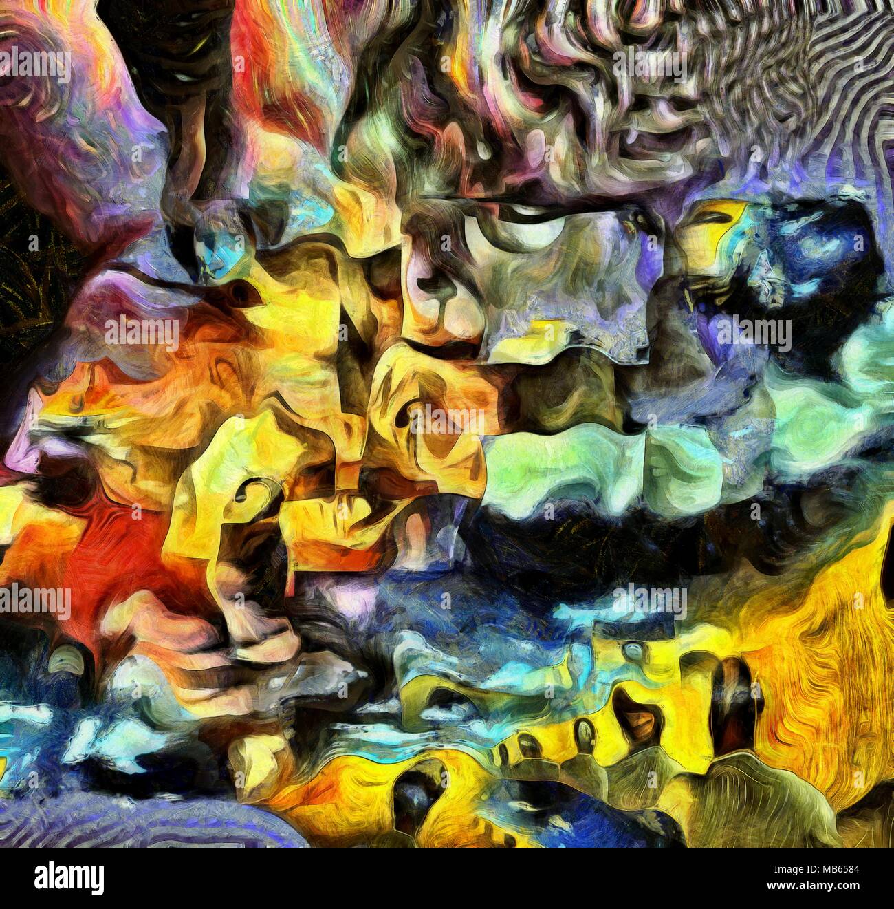 Complex surreal painting. Men with different thoughts and questions ...