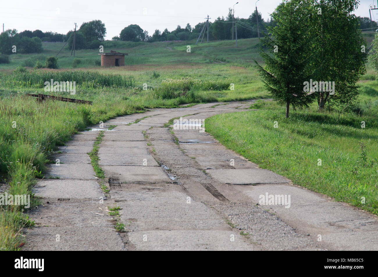 Old concrete road leaving far into the distance among meadows Stock ...